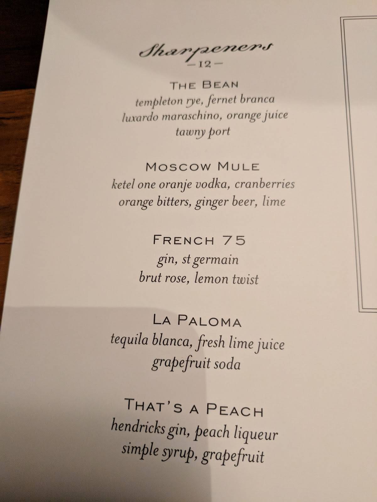 Menu at Remington's steakhouse, Chicago