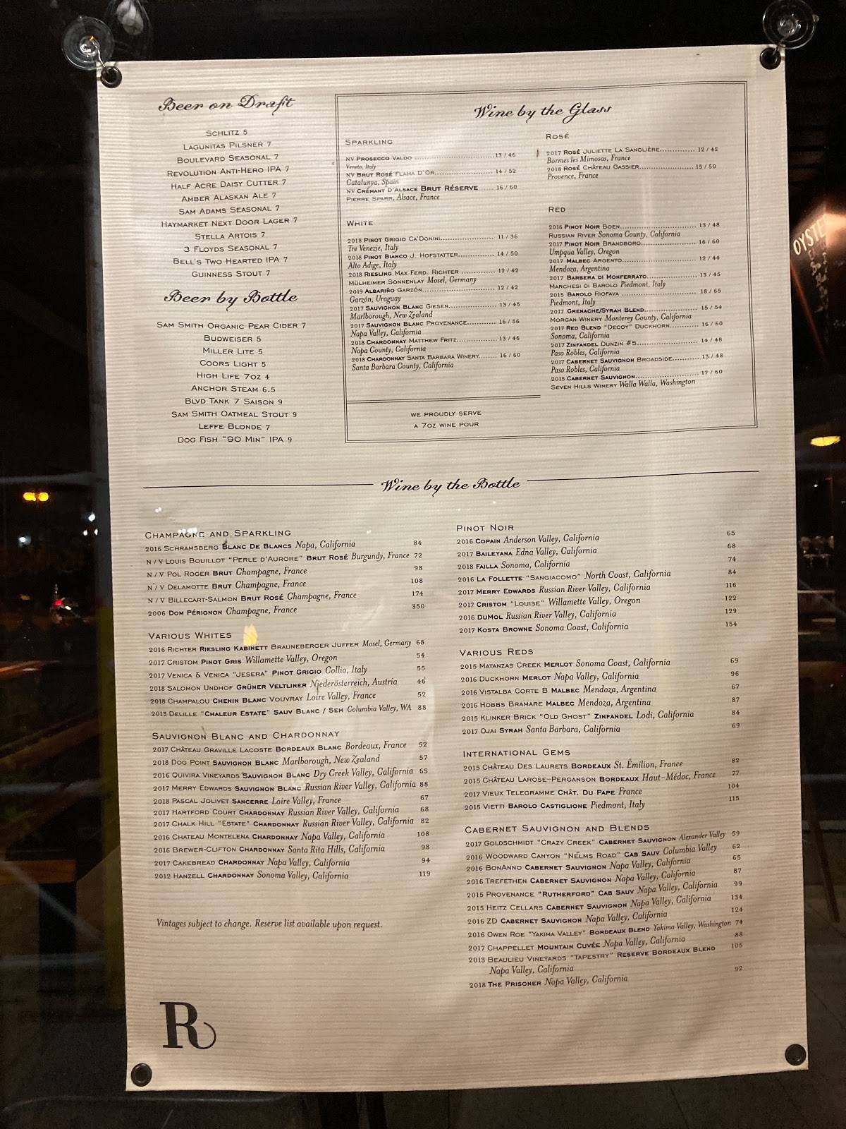 Menu at Remington's steakhouse, Chicago