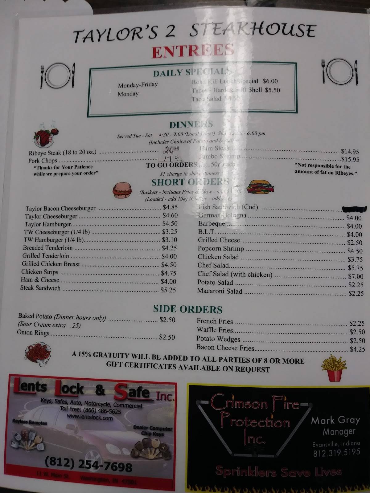Menu at Taylor's 2 Steakhouse, Oakland City