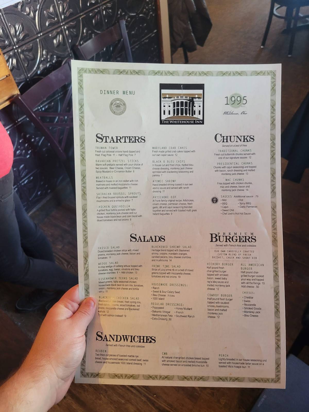 Menu at The Whitehouse Inn steakhouse, Whitehouse