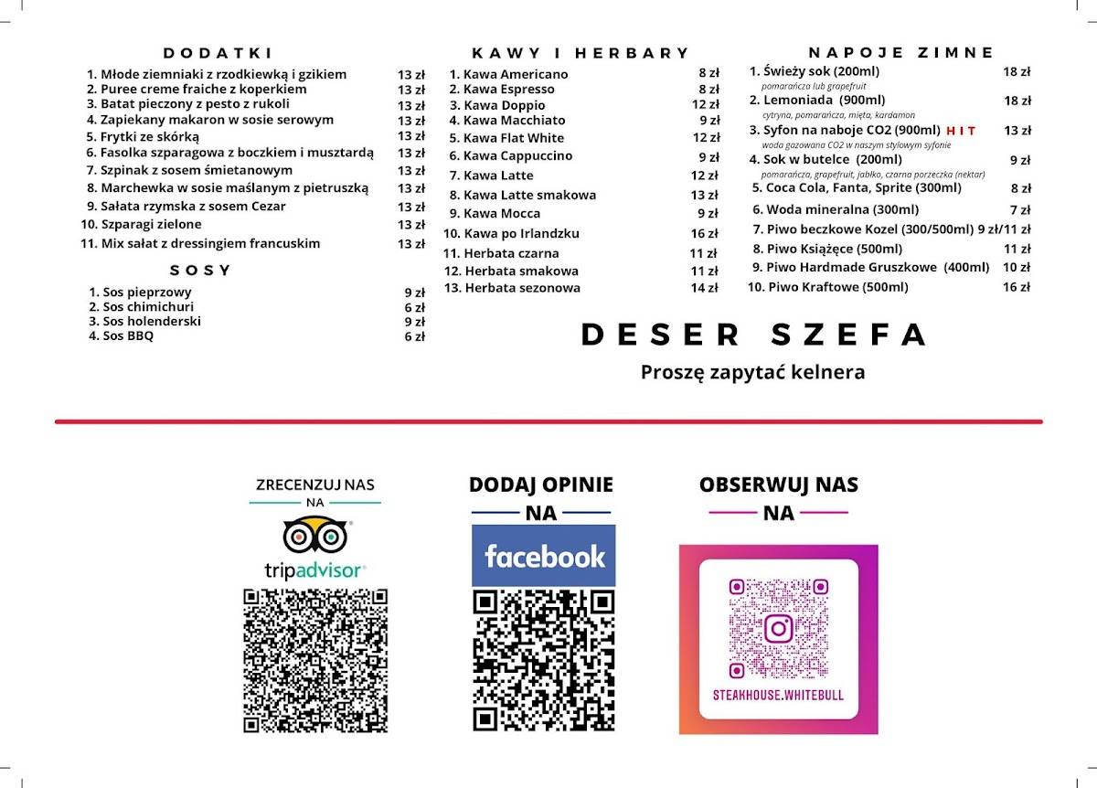 Menu at WhiteBull SteakHouse Restauracja Toruń, Torun