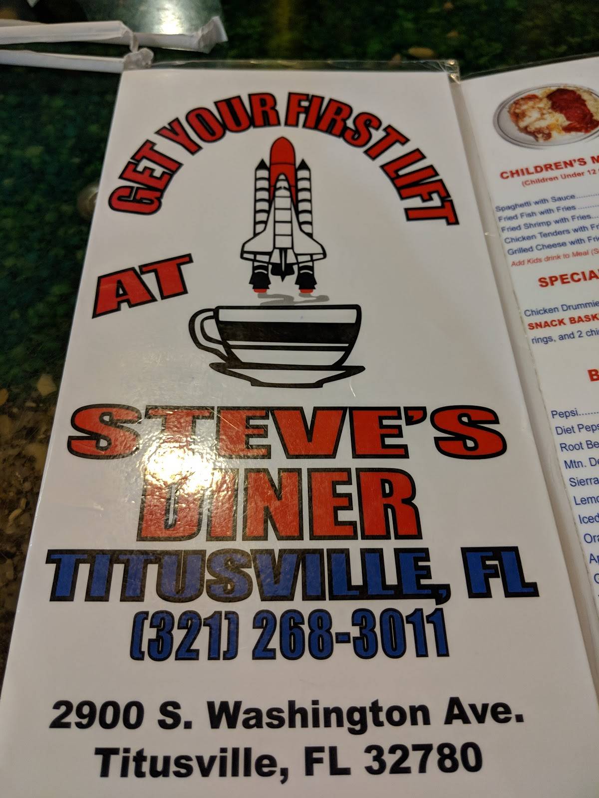 Menu at Steve's Family Diner restaurant, Titusville
