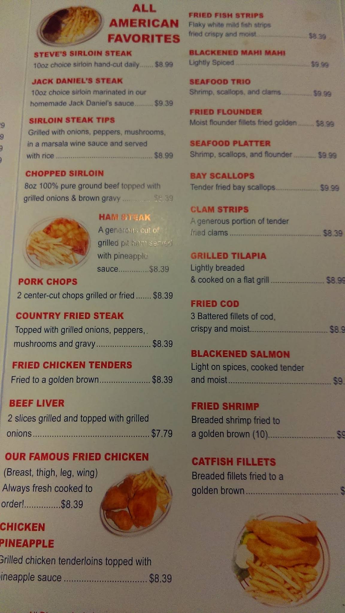 Menu at Steve's Family Diner restaurant, Titusville