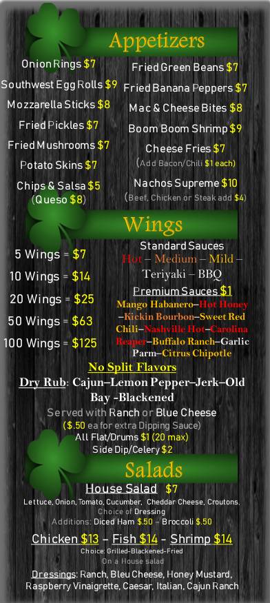 Menu at Stone's Irish Pub, Keystone Heights
