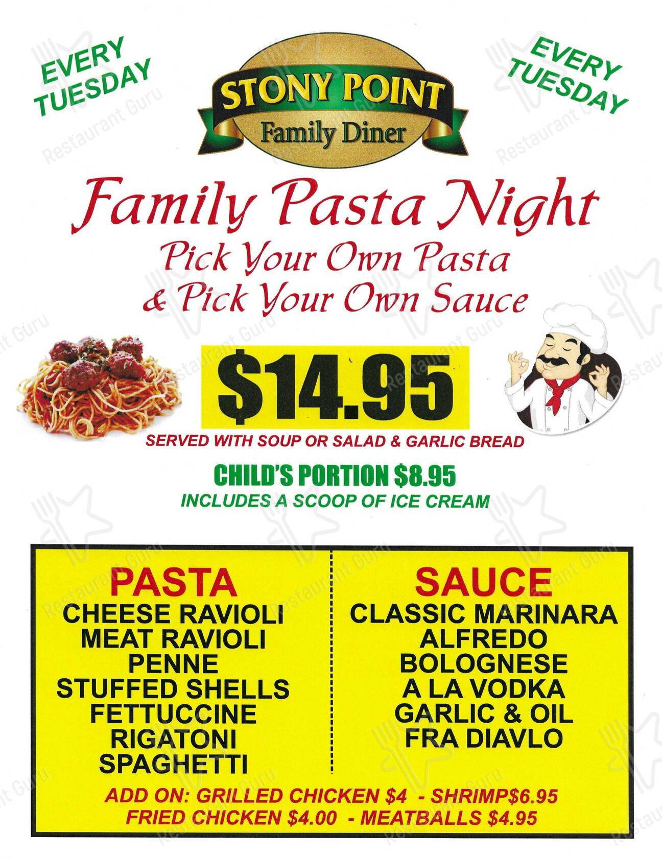 Menu at Stony Point Family Diner restaurant, Stony Point