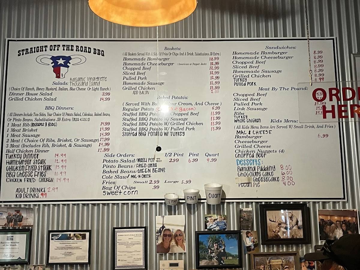 Menu at Straight Off the Road BBQ, Crosby