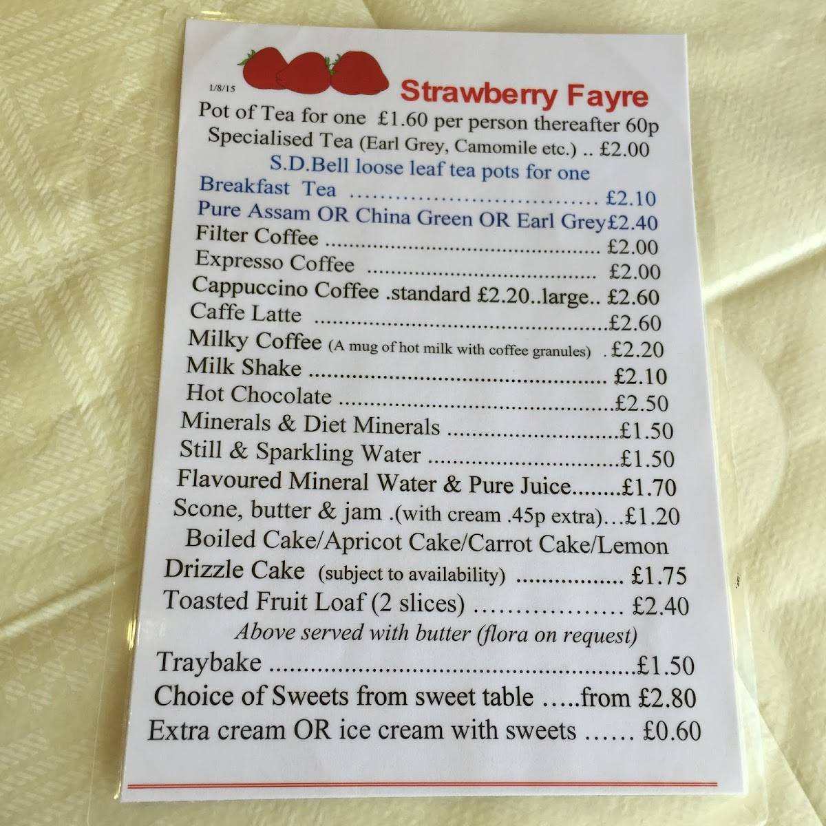 Menu at Strawberry Fayre cafe, Coleraine