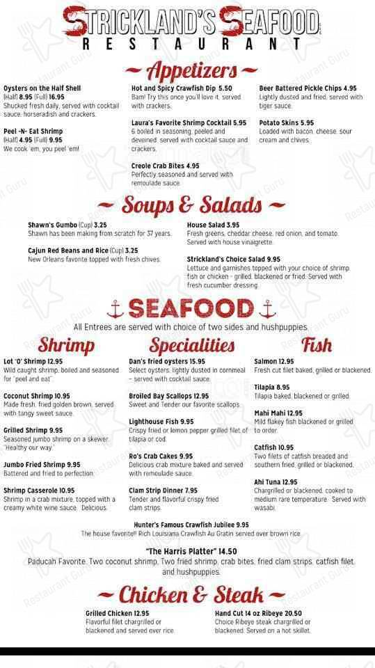 Menu at Strickland's Seafood Restaurant, Paducah