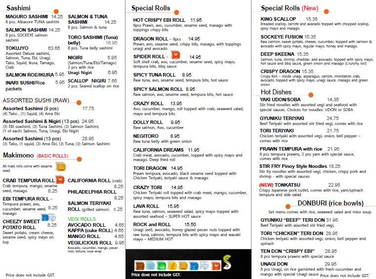 Menu at Sukoshi Kitchen restaurant, Prince Rupert