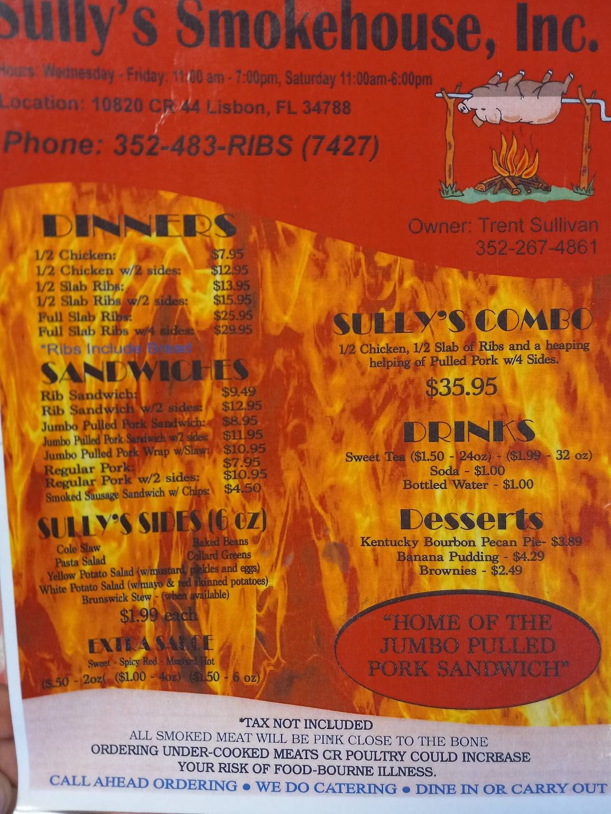 Menu at Sully's Smokehouse restaurant, Leesburg