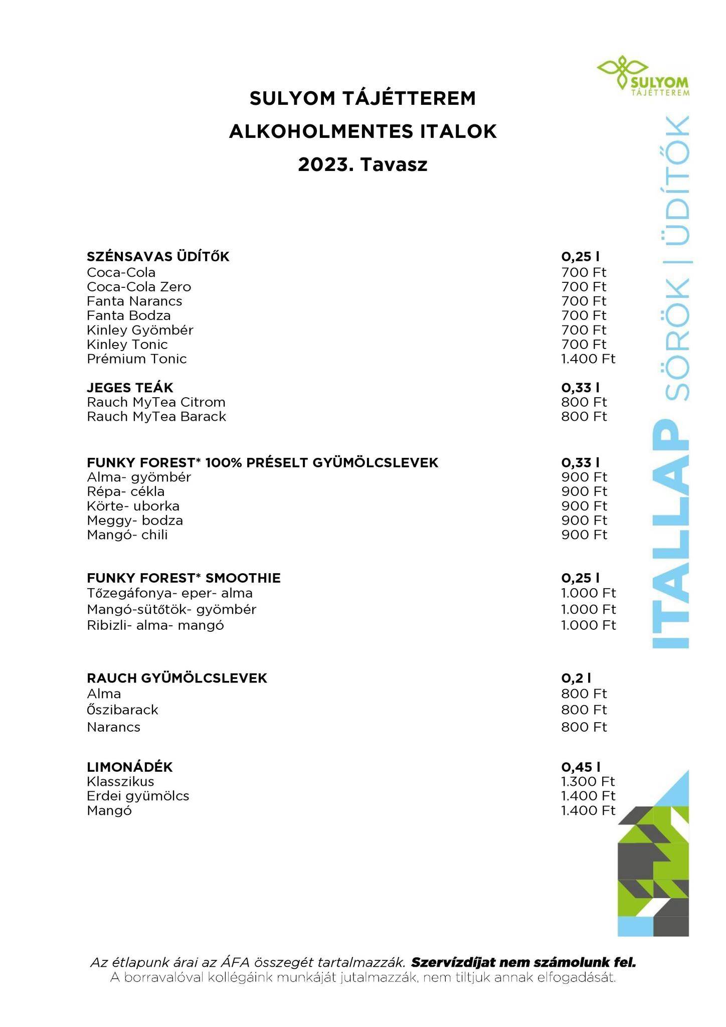 Carta del restaurante Sulyom Tájétterem, Sarud