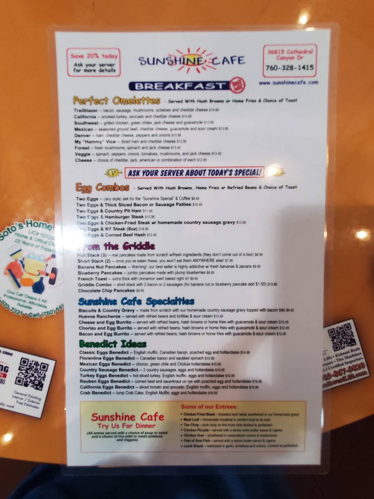 Menu at Sunshine Cafe, Cathedral City, Cathedral Canyon Dr