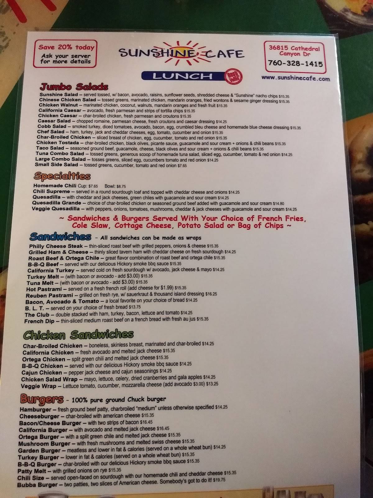 Menu at Sunshine Cafe, Cathedral City, Cathedral Canyon Dr