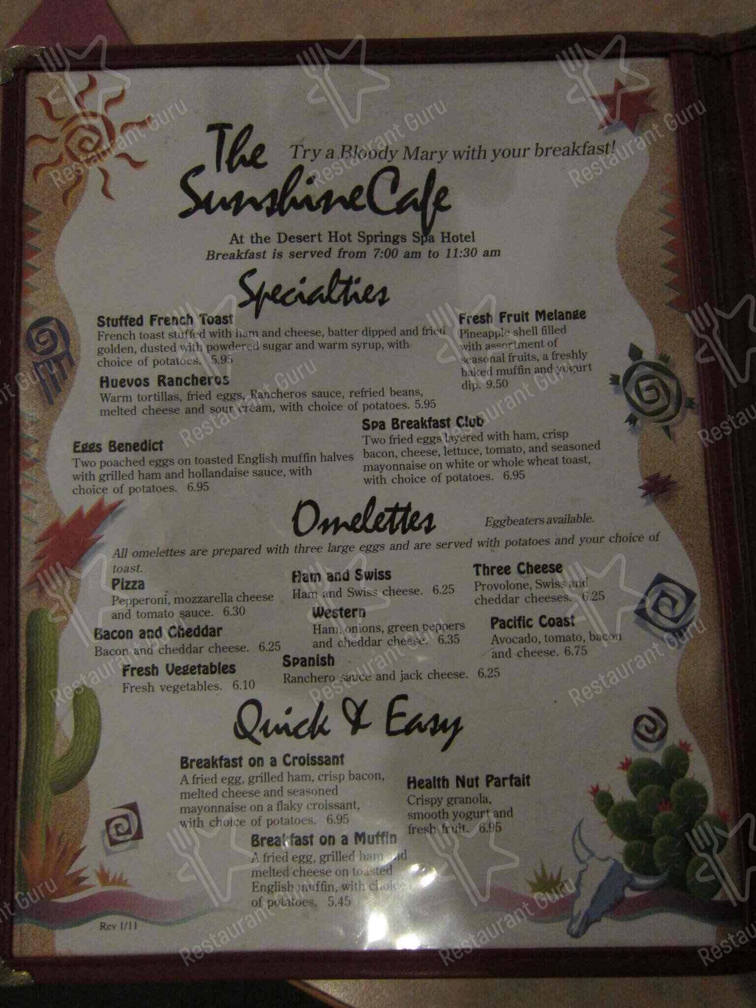 Menu at Sunshine Café restaurant, Desert Hot Springs, Palm Dr