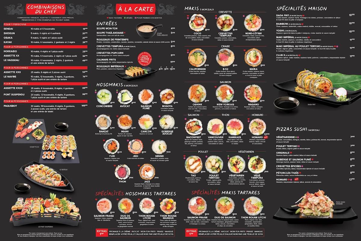 Menu au Sushi X Pyramide restaurant, Québec