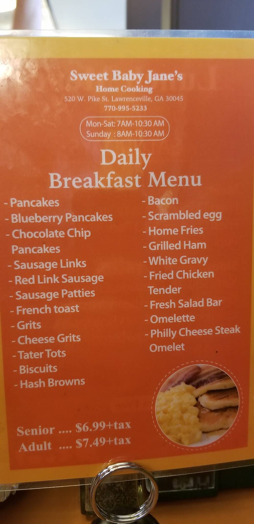 Menu at Sweet Baby Jane's restaurant, Lawrenceville