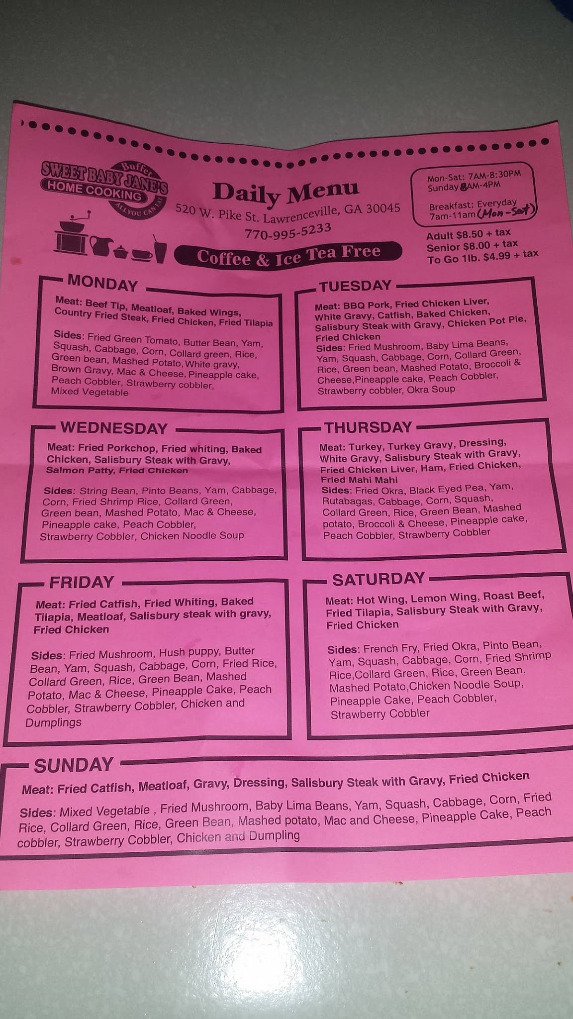 Menu at Sweet Baby Jane's restaurant, Lawrenceville