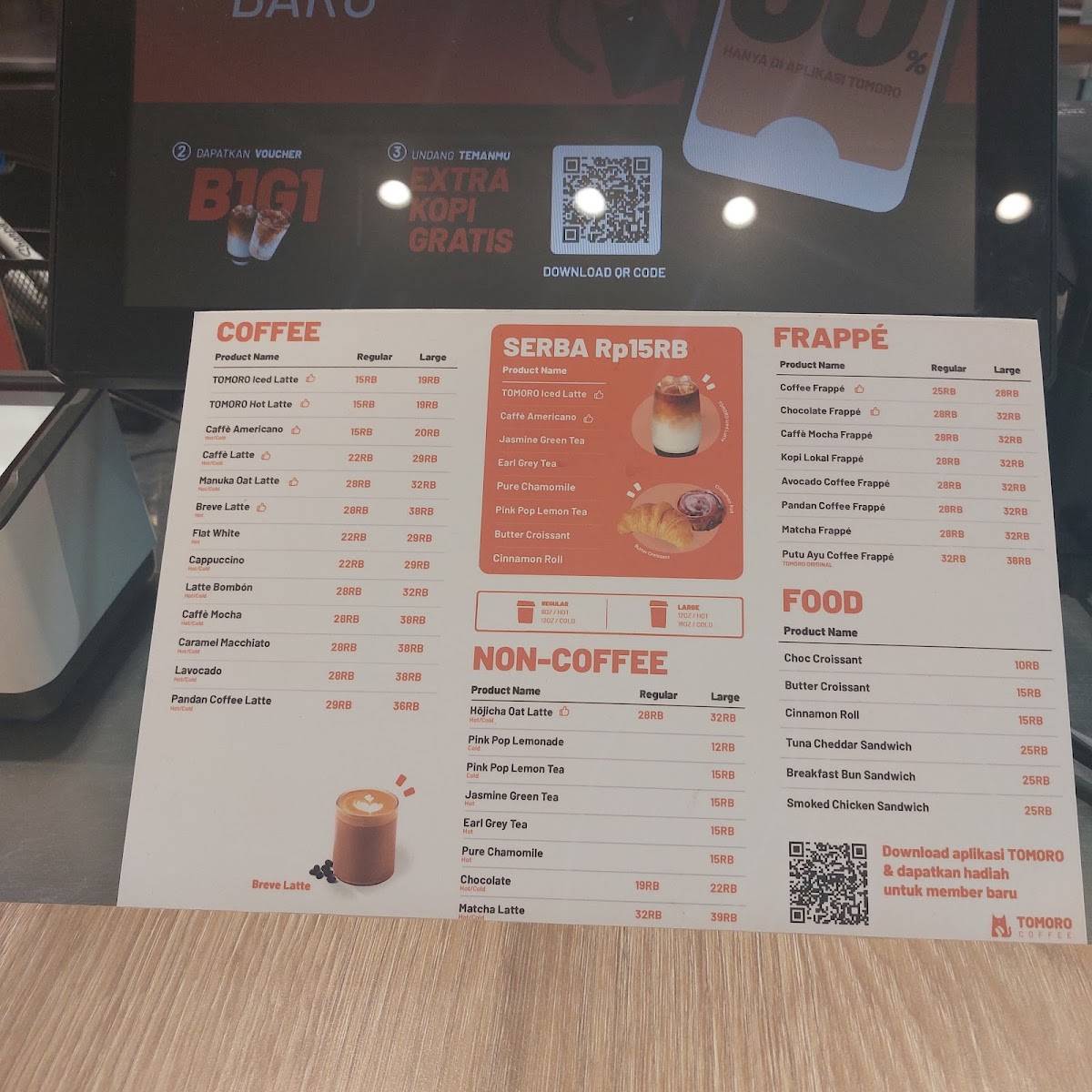 Menu at TOMORO COFFEE - Sabang, Central Jakarta