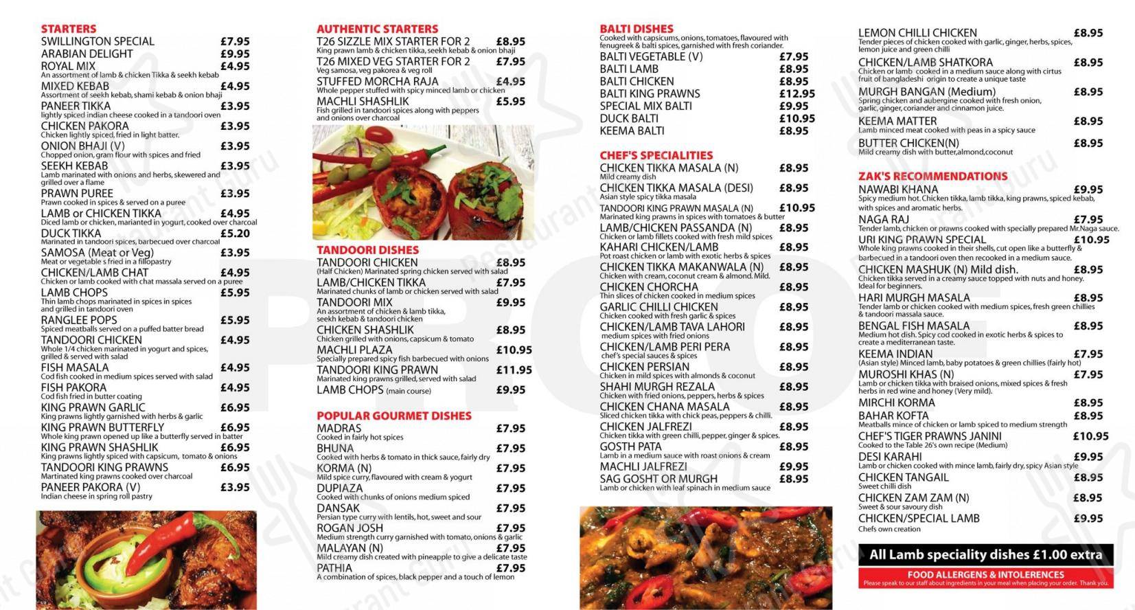 Menu at Table 26 restaurant, Leeds