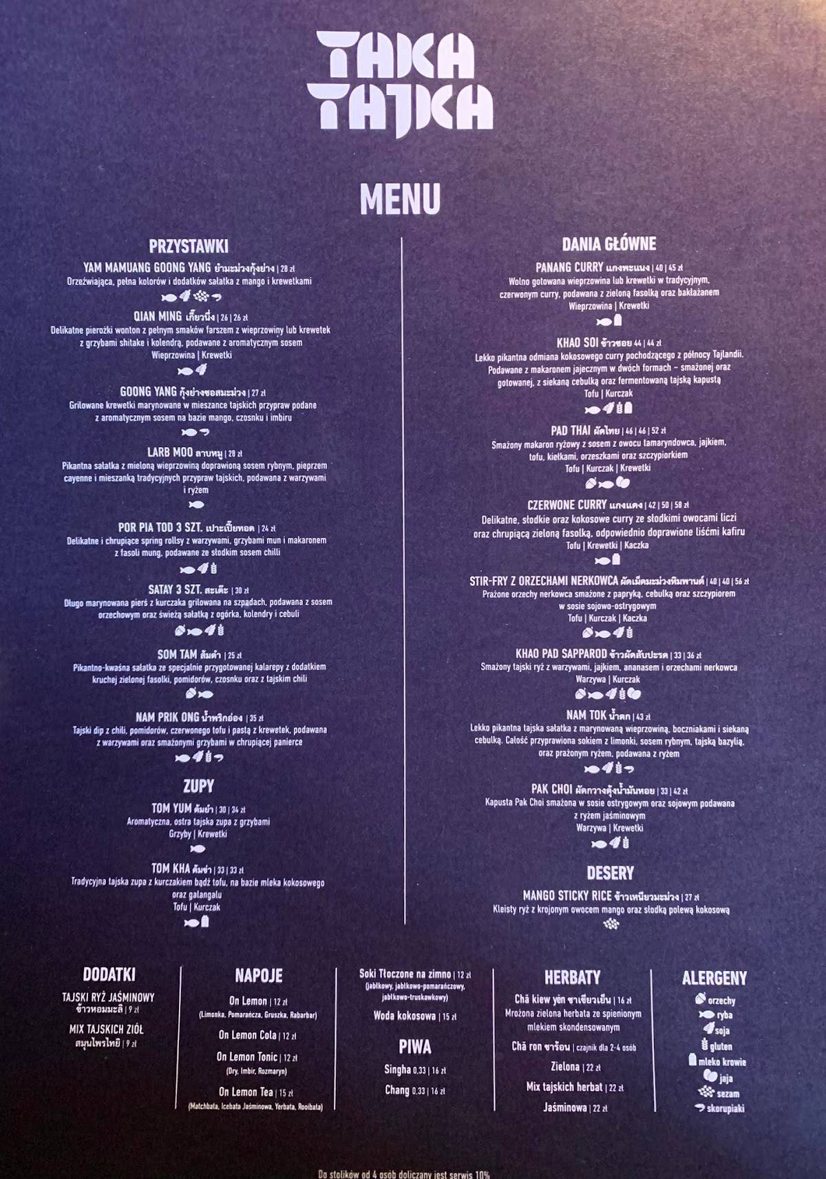 Menu at Taka Tajka - restauracja tajska restaurant, Warsaw
