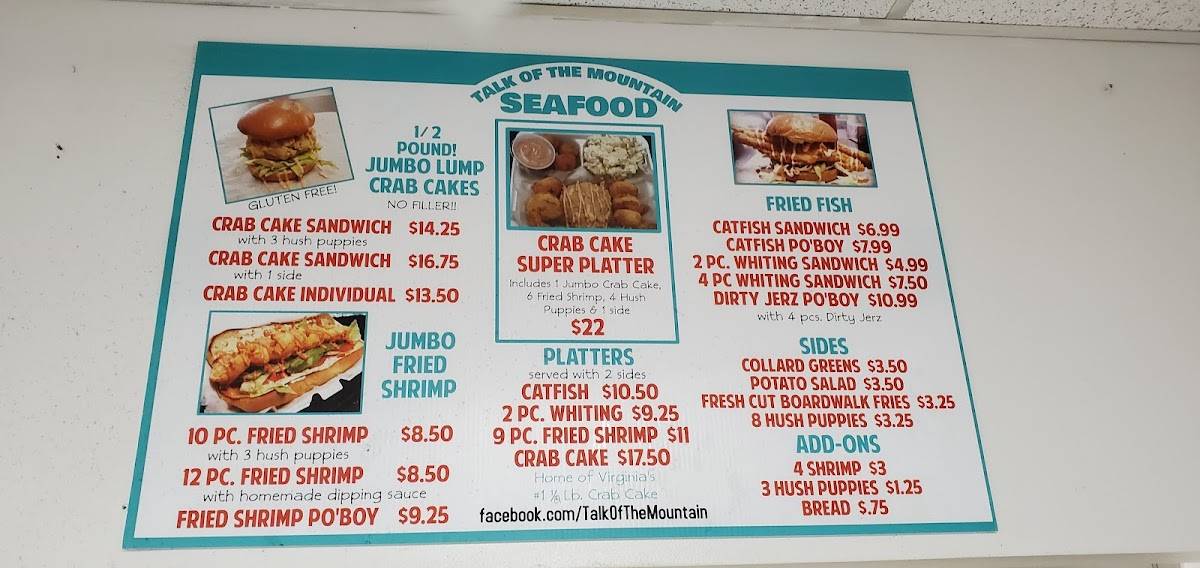 Menu at Talk of the Mountain Crab Cakes and more restaurant, Front ...