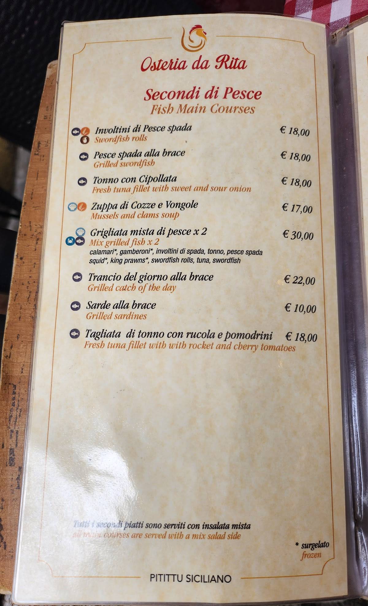 Menu at Osteria da Rita (dal 1991) restaurant, Taormina