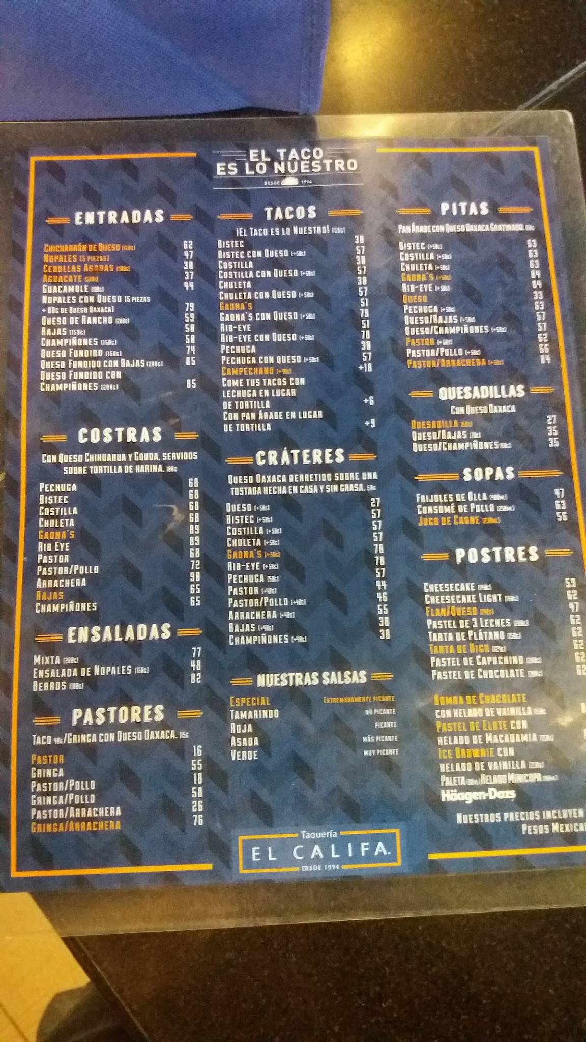 Menu at Taquería El Califa Condesa restaurant, Ciudad López Mateos, Cda ...