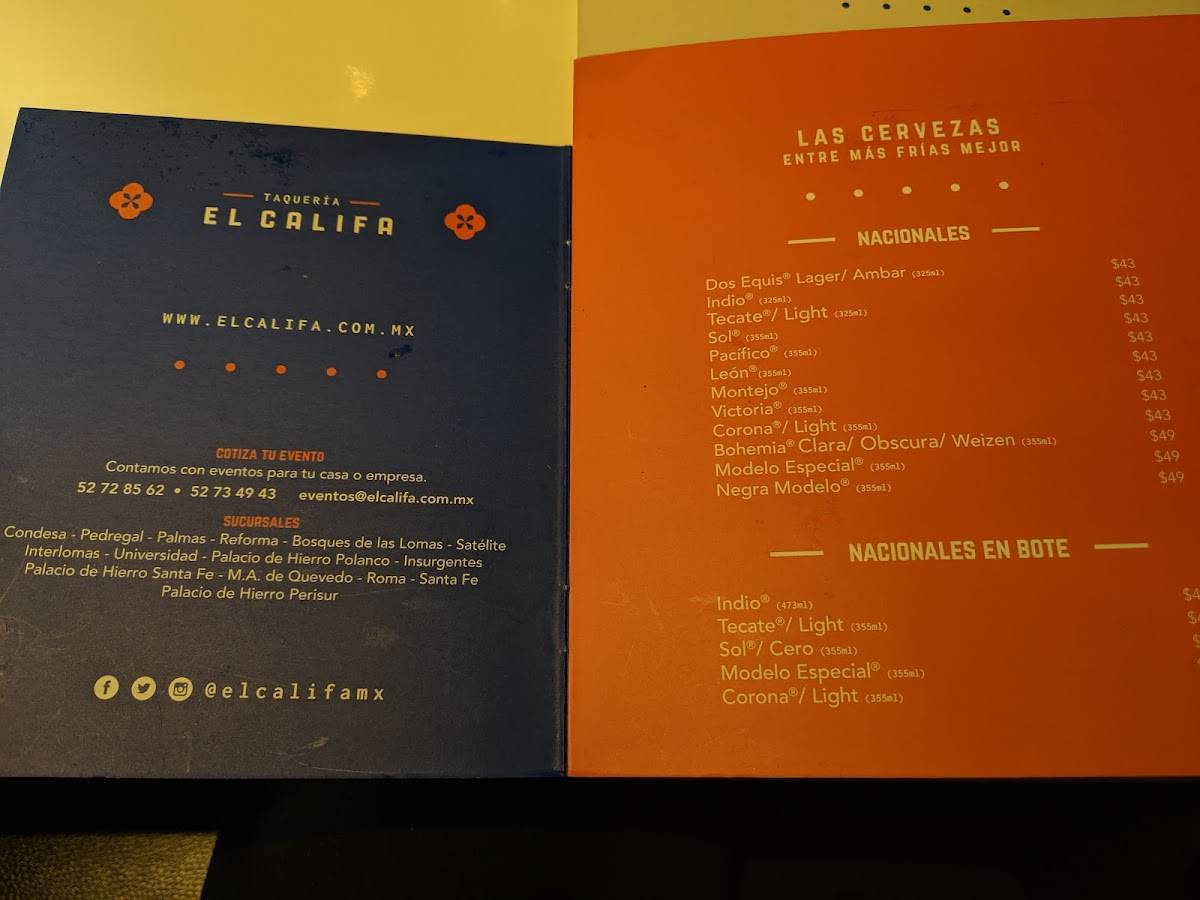 Menu at Taquería El Califa Condesa restaurant, Ciudad López Mateos, Cda ...
