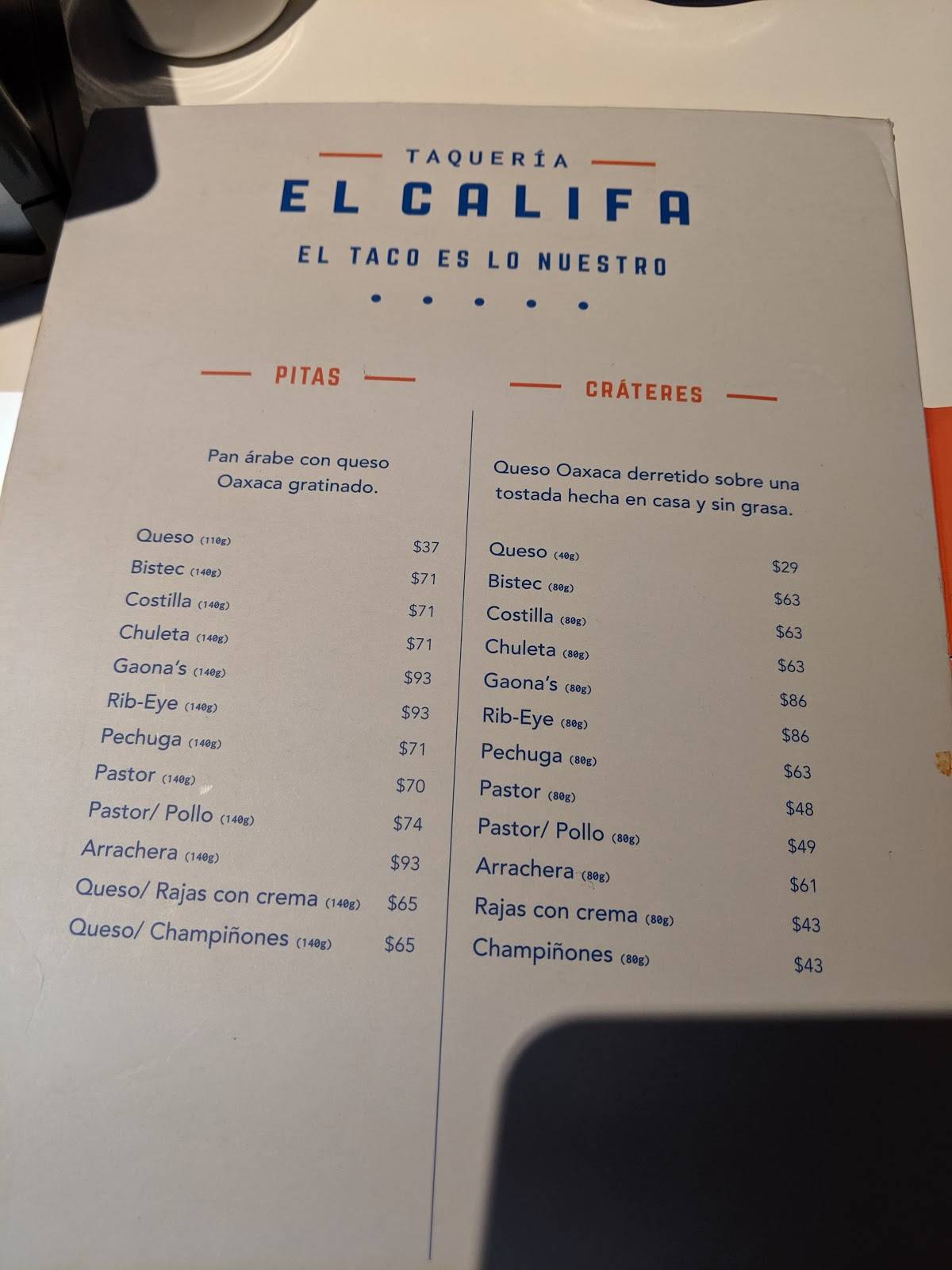 Menu at Taquería El Califa Condesa restaurant, Ciudad López Mateos, Cda ...