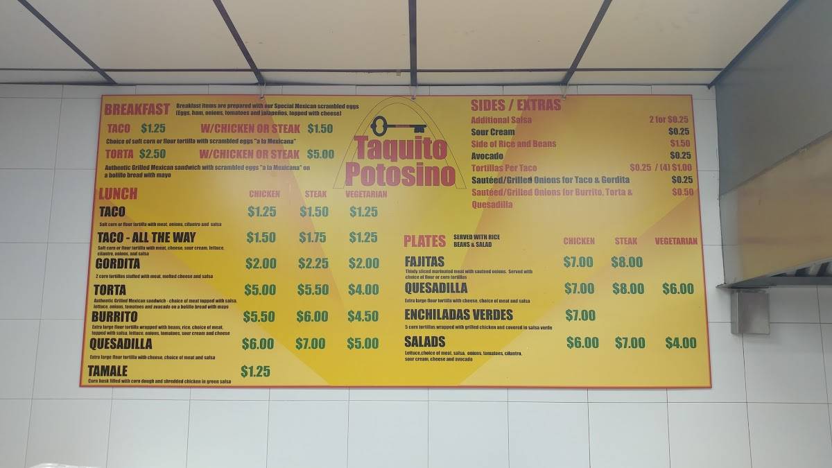 Menu at Taquito Potosino restaurant, Buford