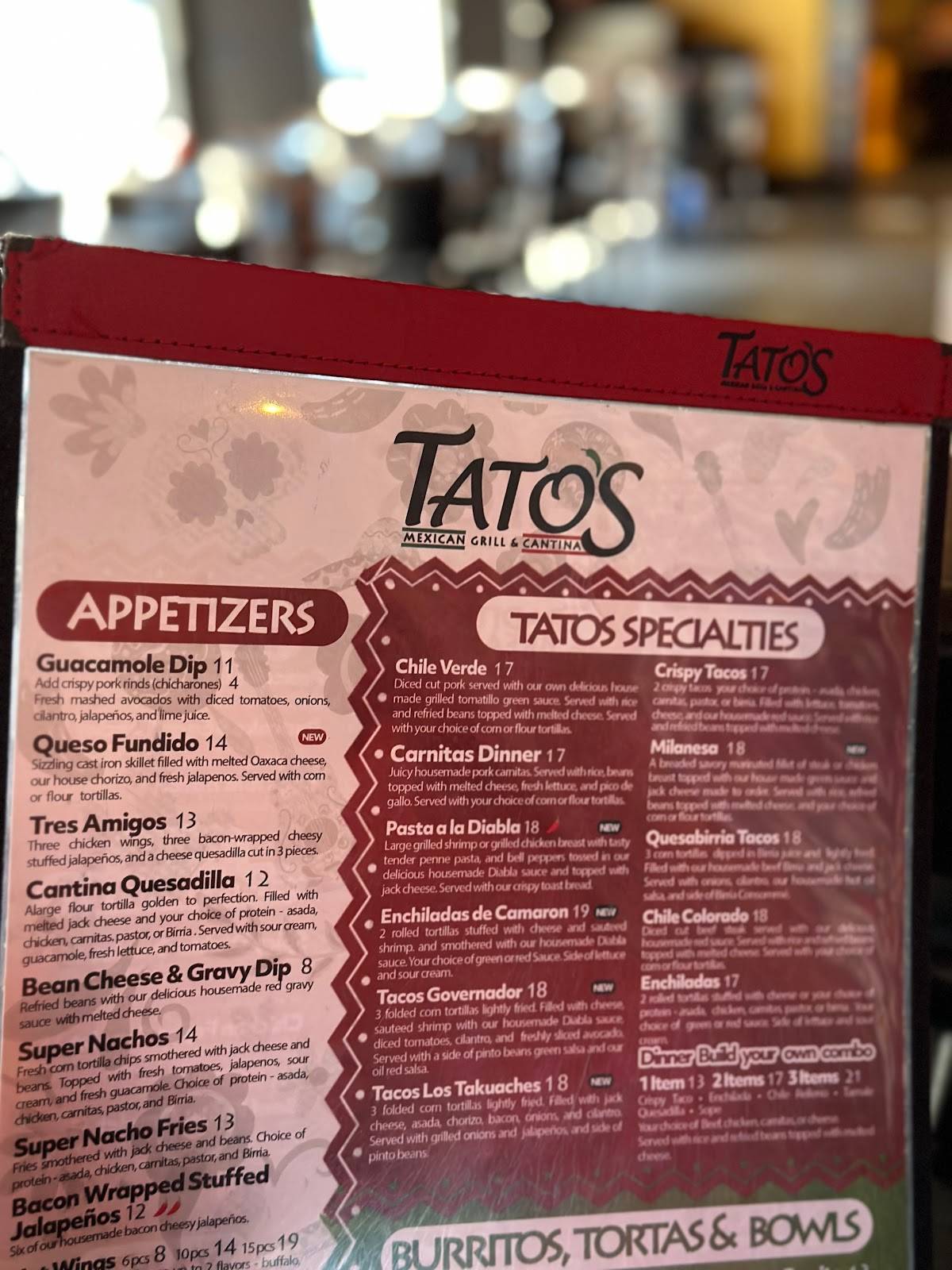 Menu at Tato’s Mexican Grill & Cantina restaurant, Manteca