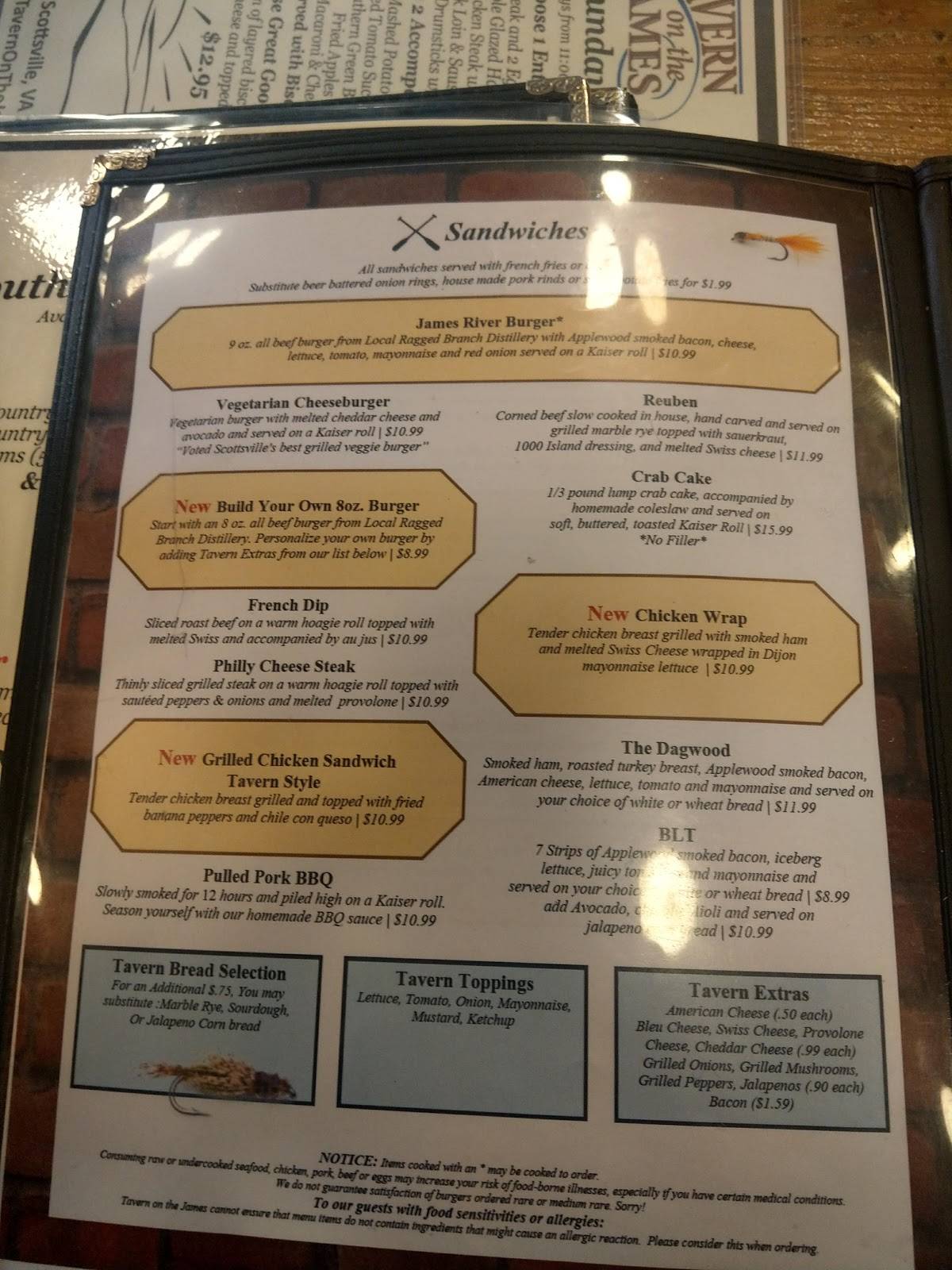 Menu at Tavern on the James restaurant, Scottsville