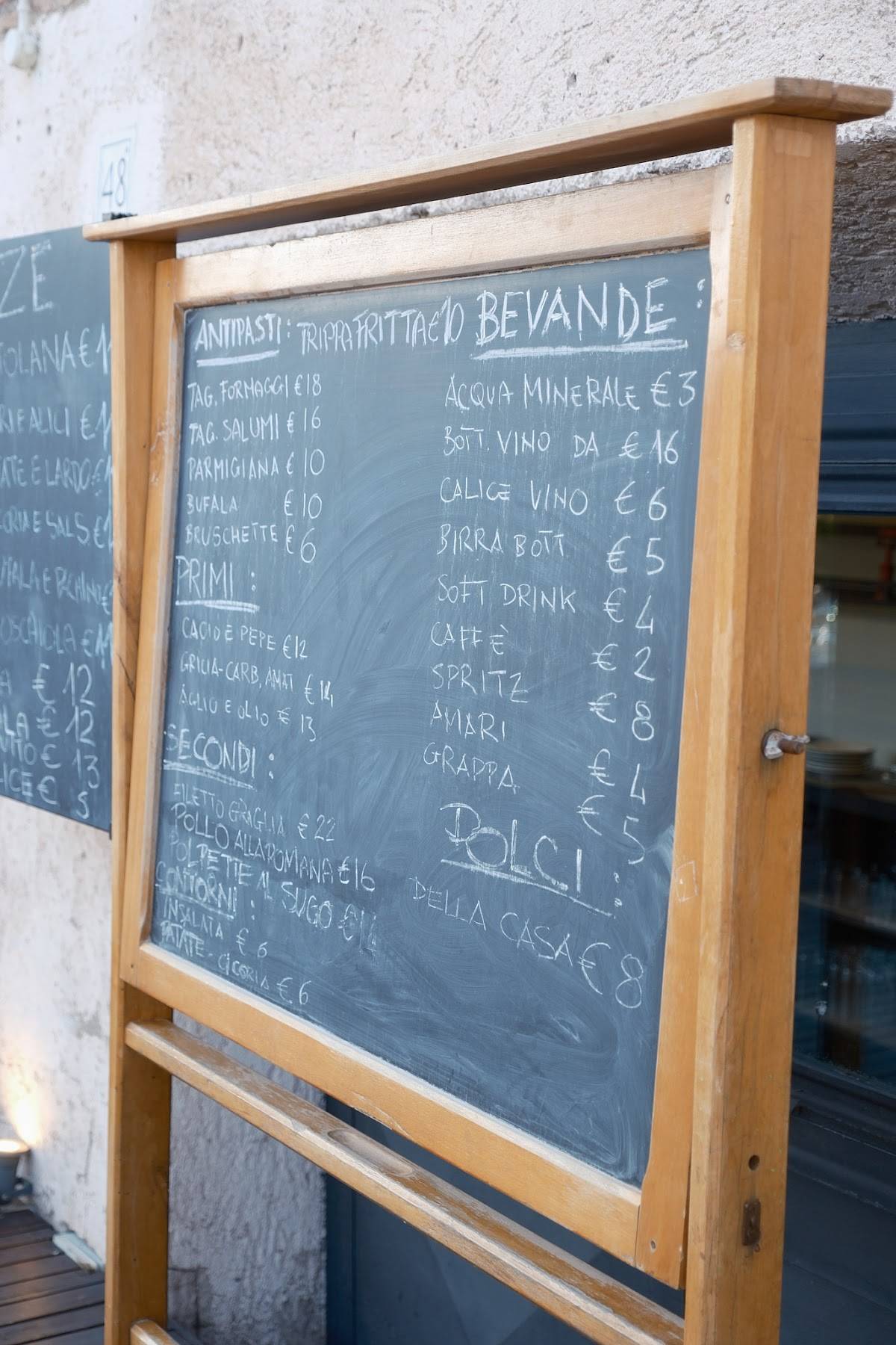 Menu at Taverna Testaccio restaurant, Rome