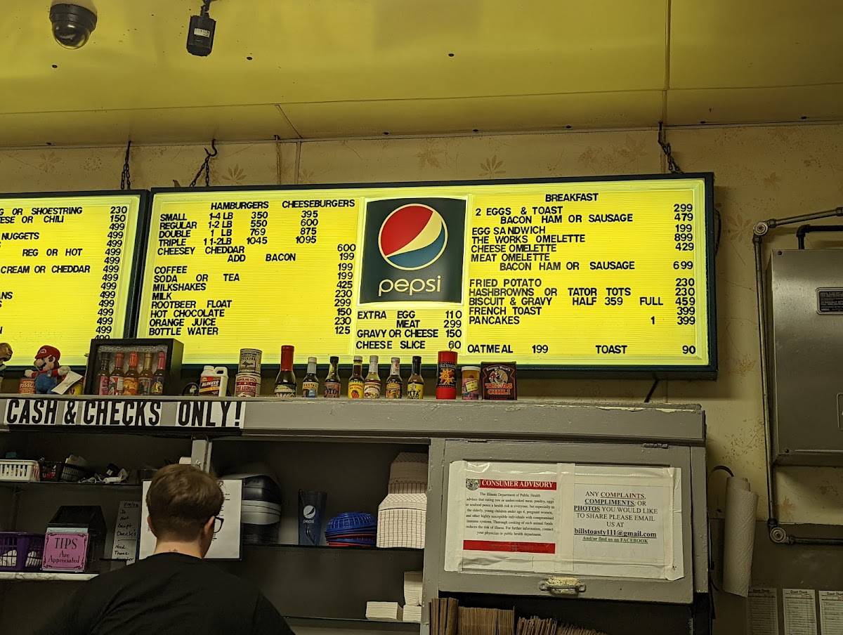 Menu at Bill's Toasty Shop restaurant, Taylorville