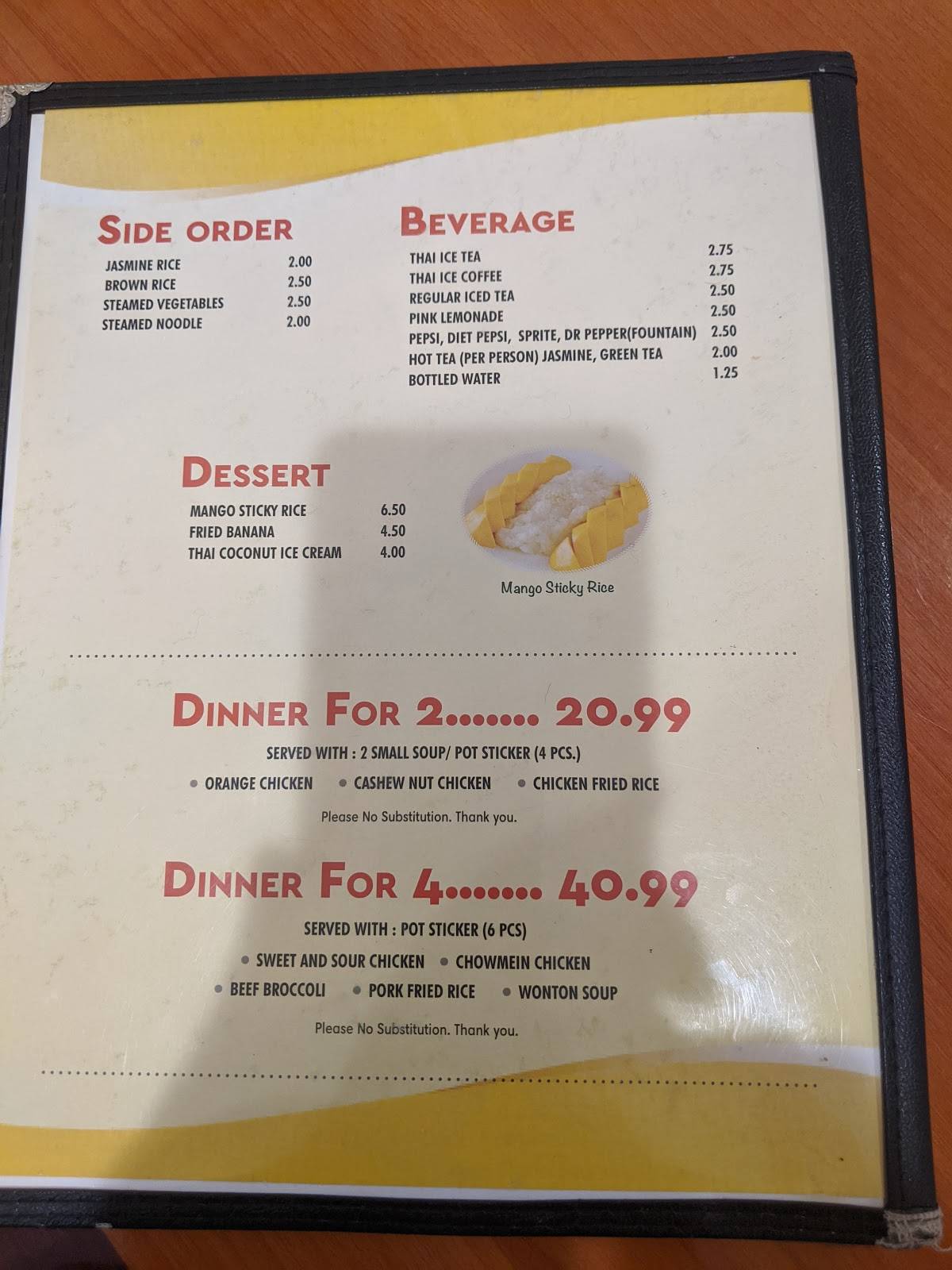 Menu at Thai Hachapi restaurant, Tehachapi