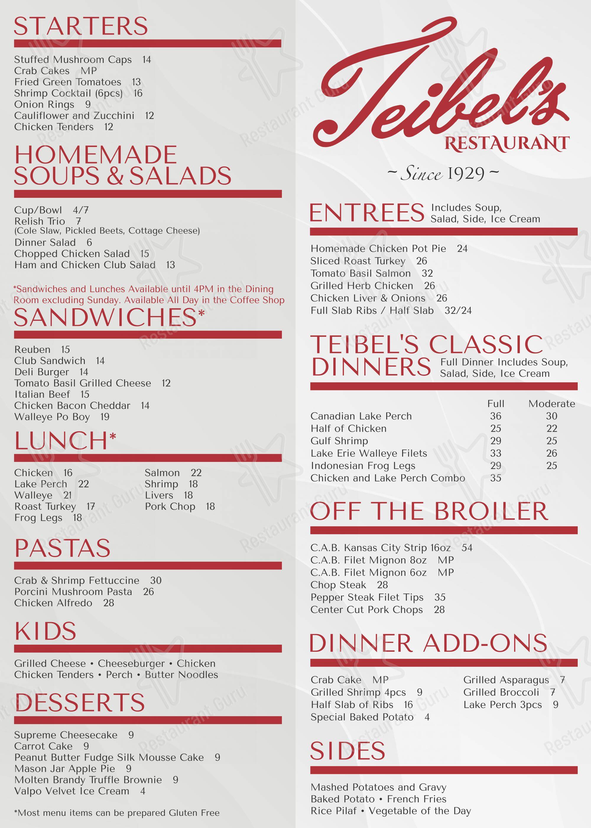 Menu at Teibel's Family Restaurant, Schererville