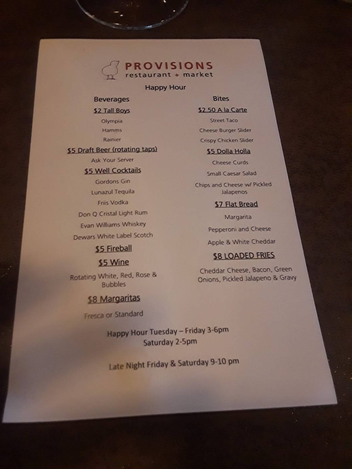 Menu at Provisions Restaurant and Market, Yakima
