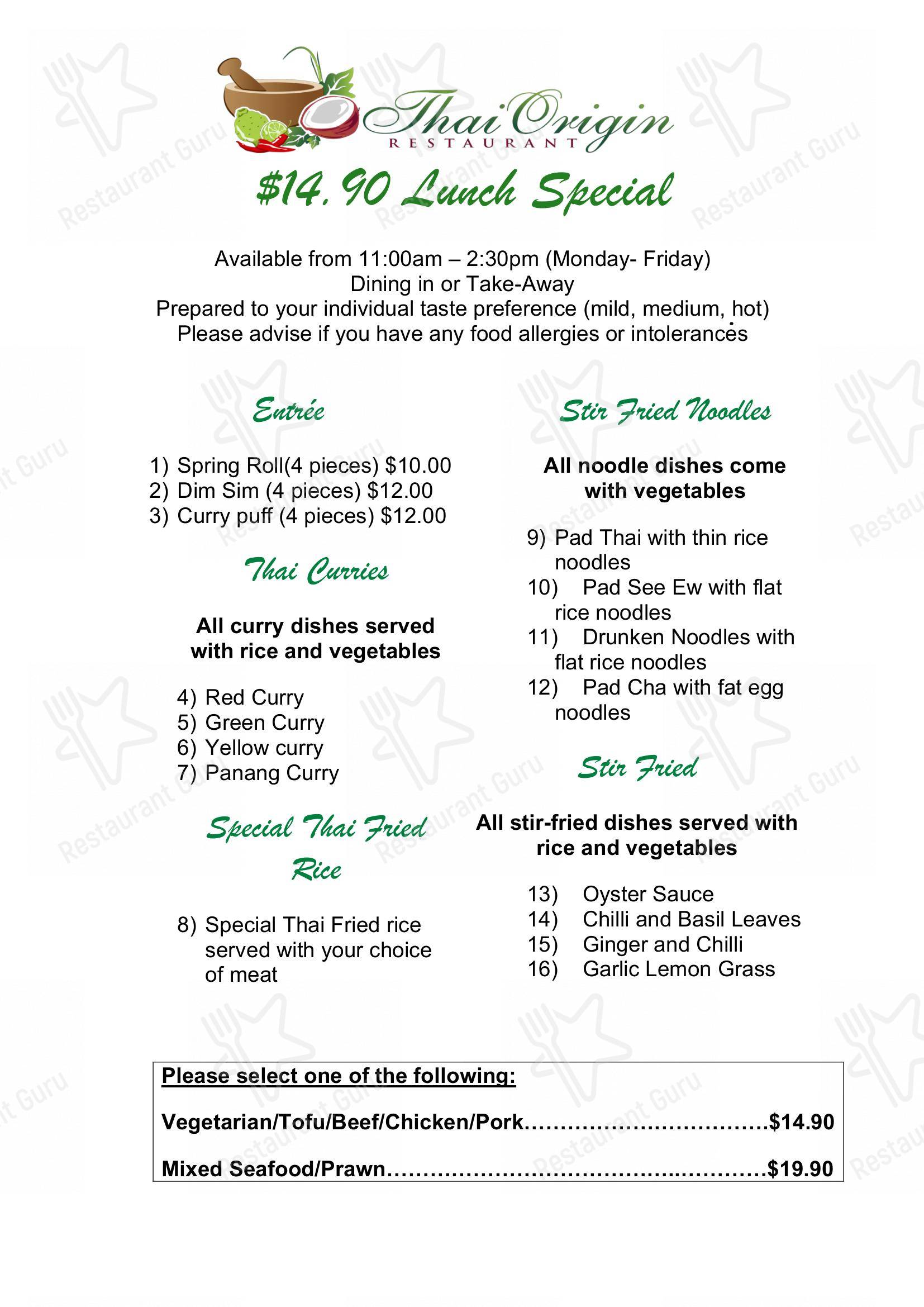 Menu at Thai Origin restaurant, Greenbank