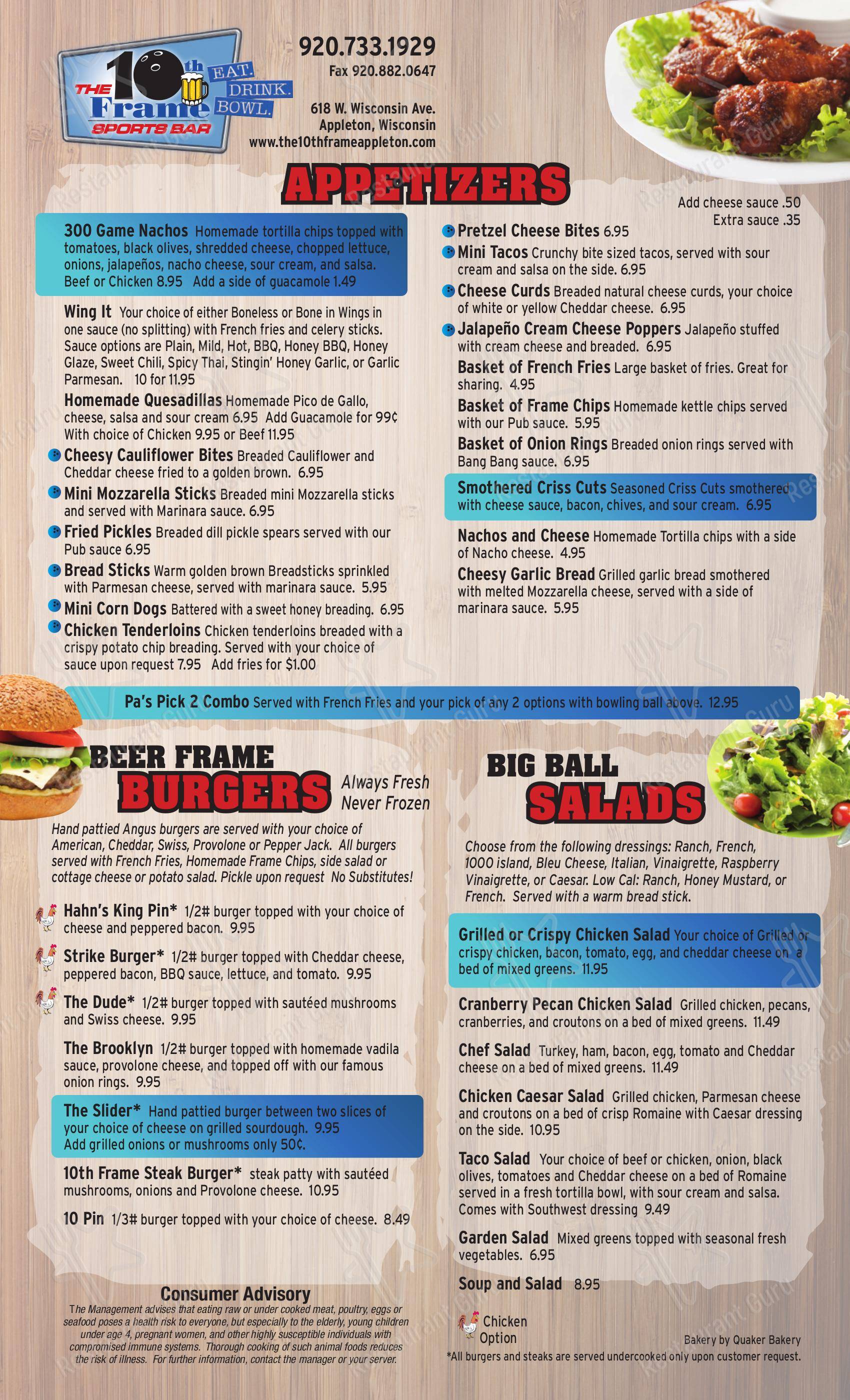 Menu at The 10th Frame pub & bar, Appleton