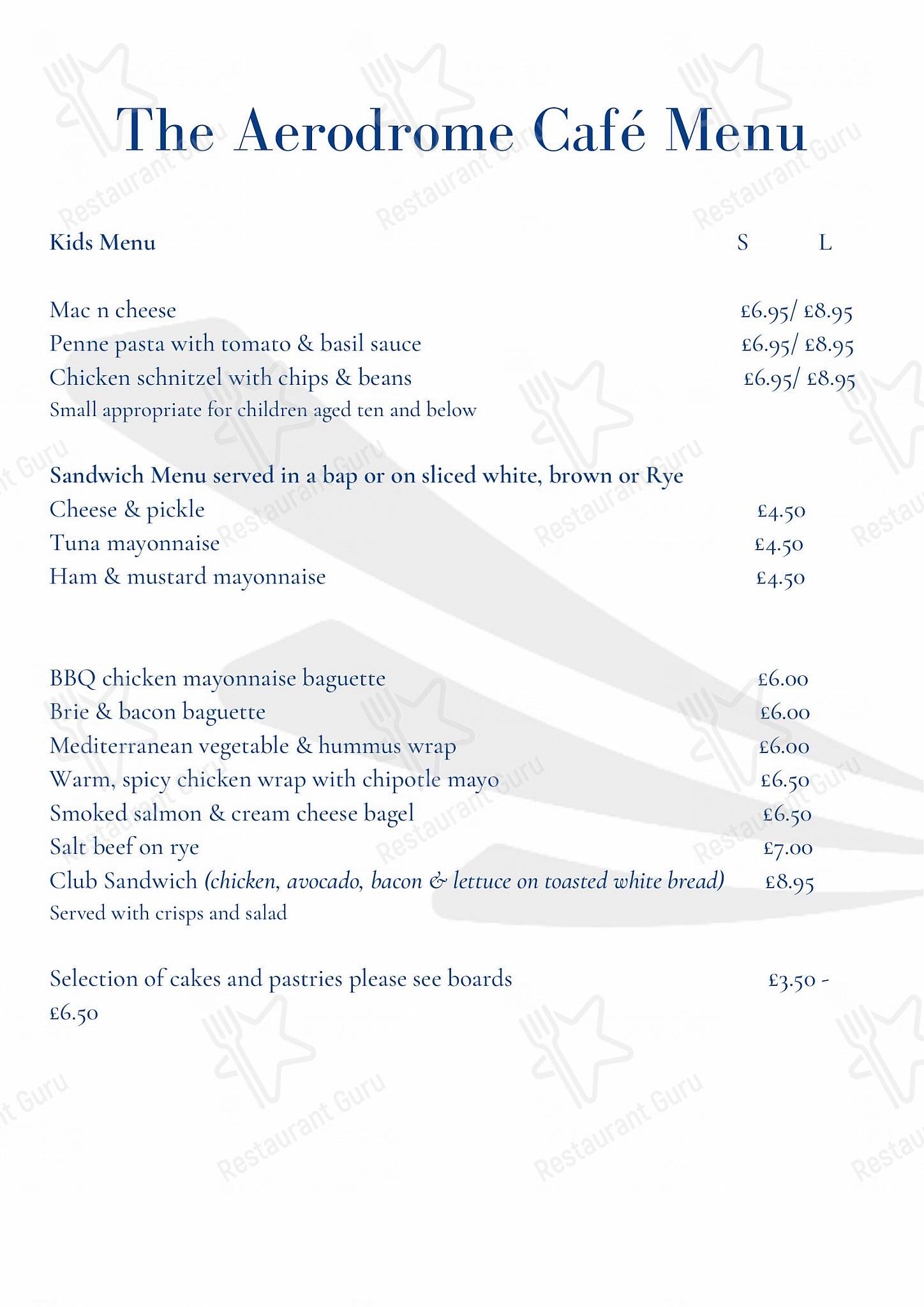 Menu at The Aerodrome Café cafe, London