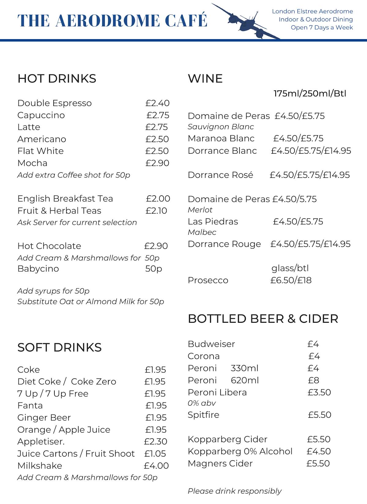 Menu at The Aerodrome Café cafe, London