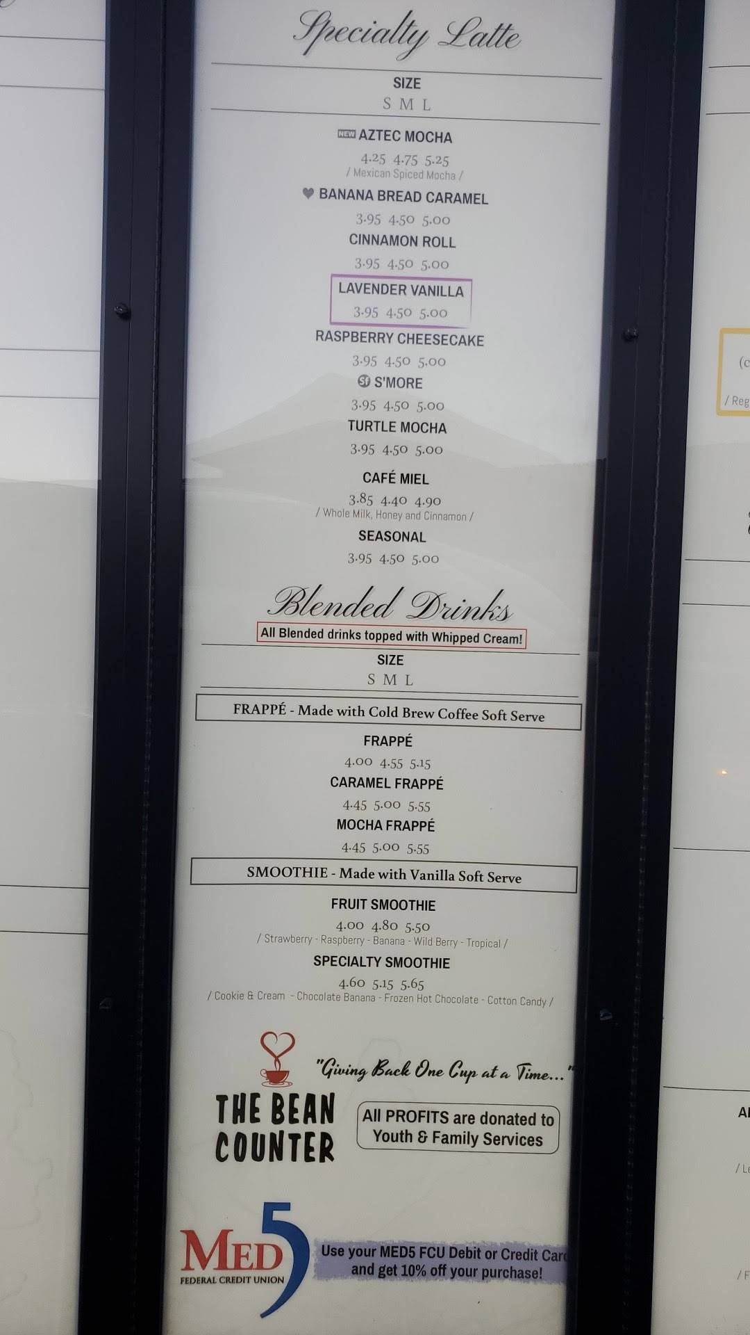 Menu at The Bean Counter, Rapid City
