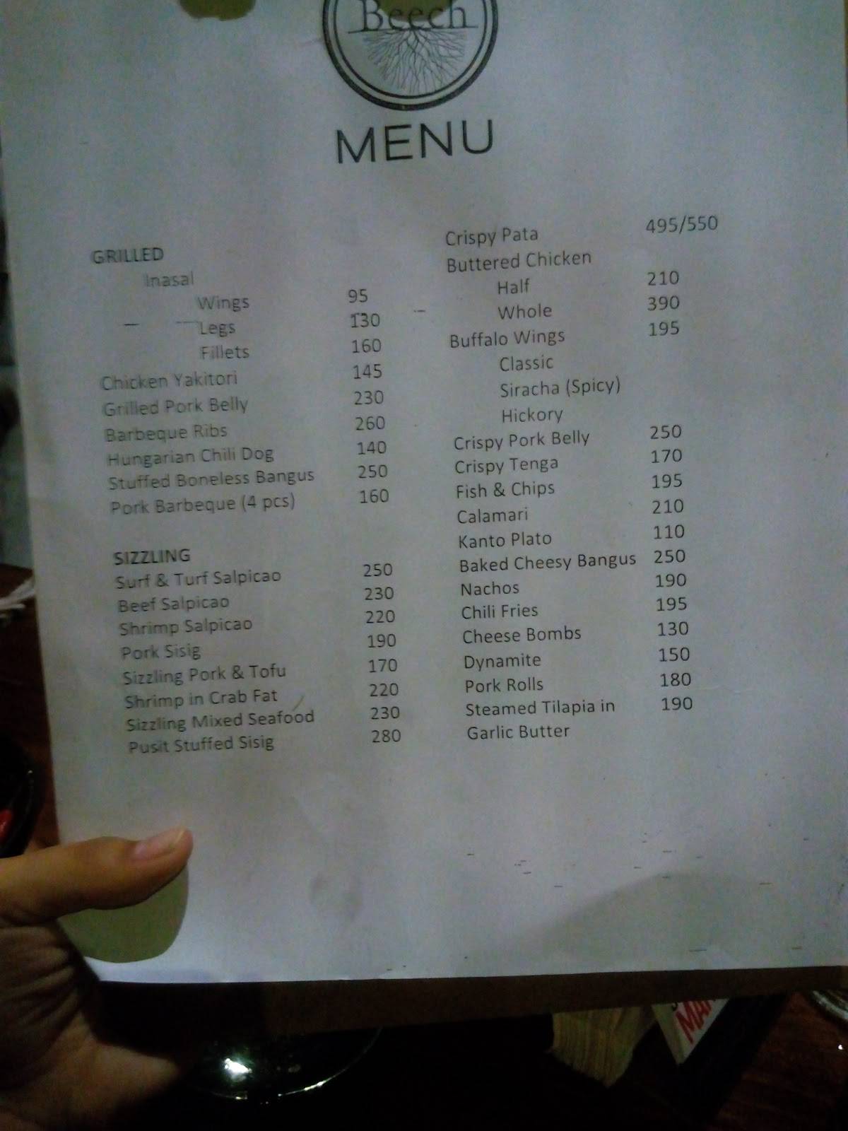 Menu at The Beech pub & bar, Quezon City