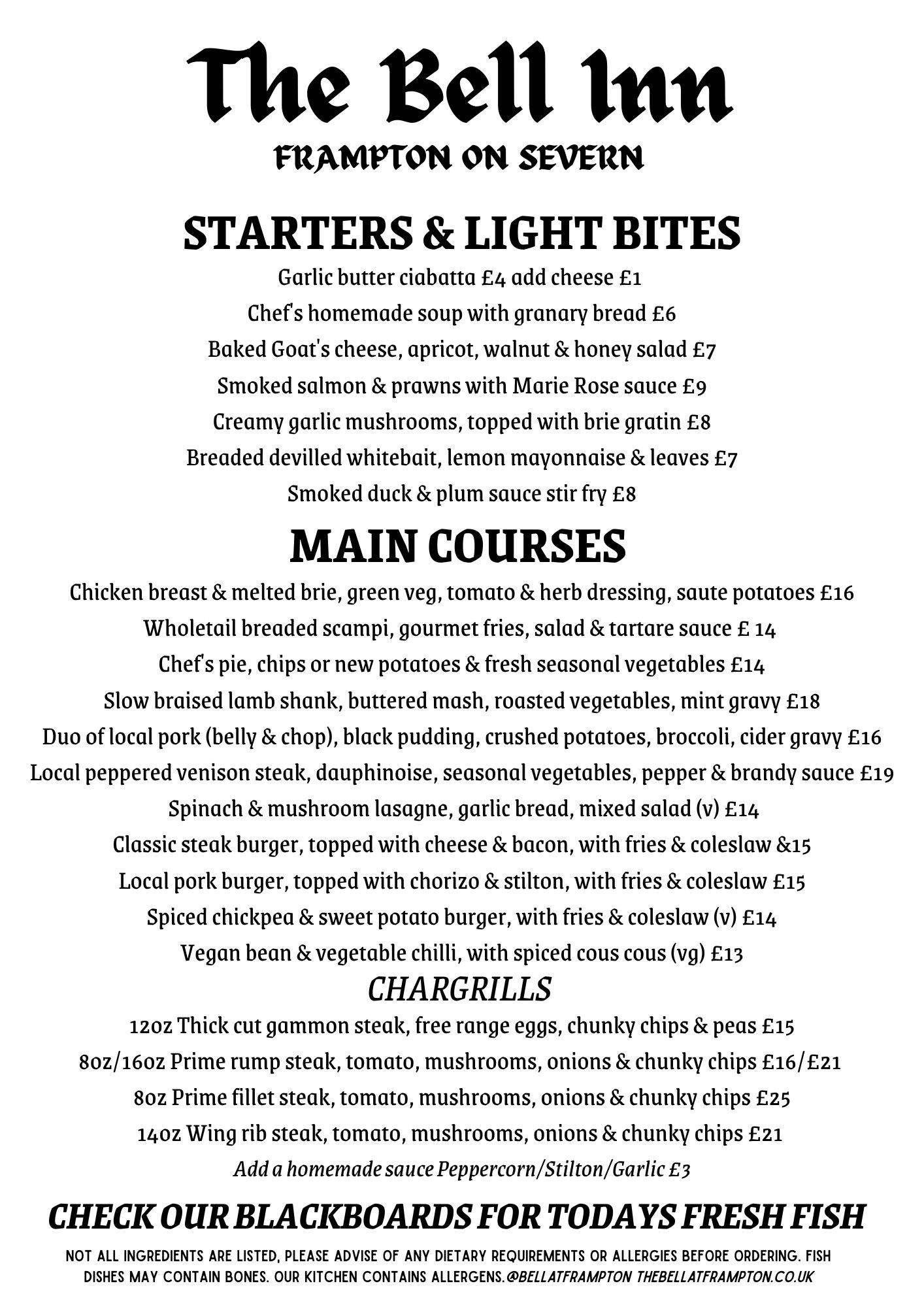 Menu at The Bell Inn pub & bar, Frampton on Severn