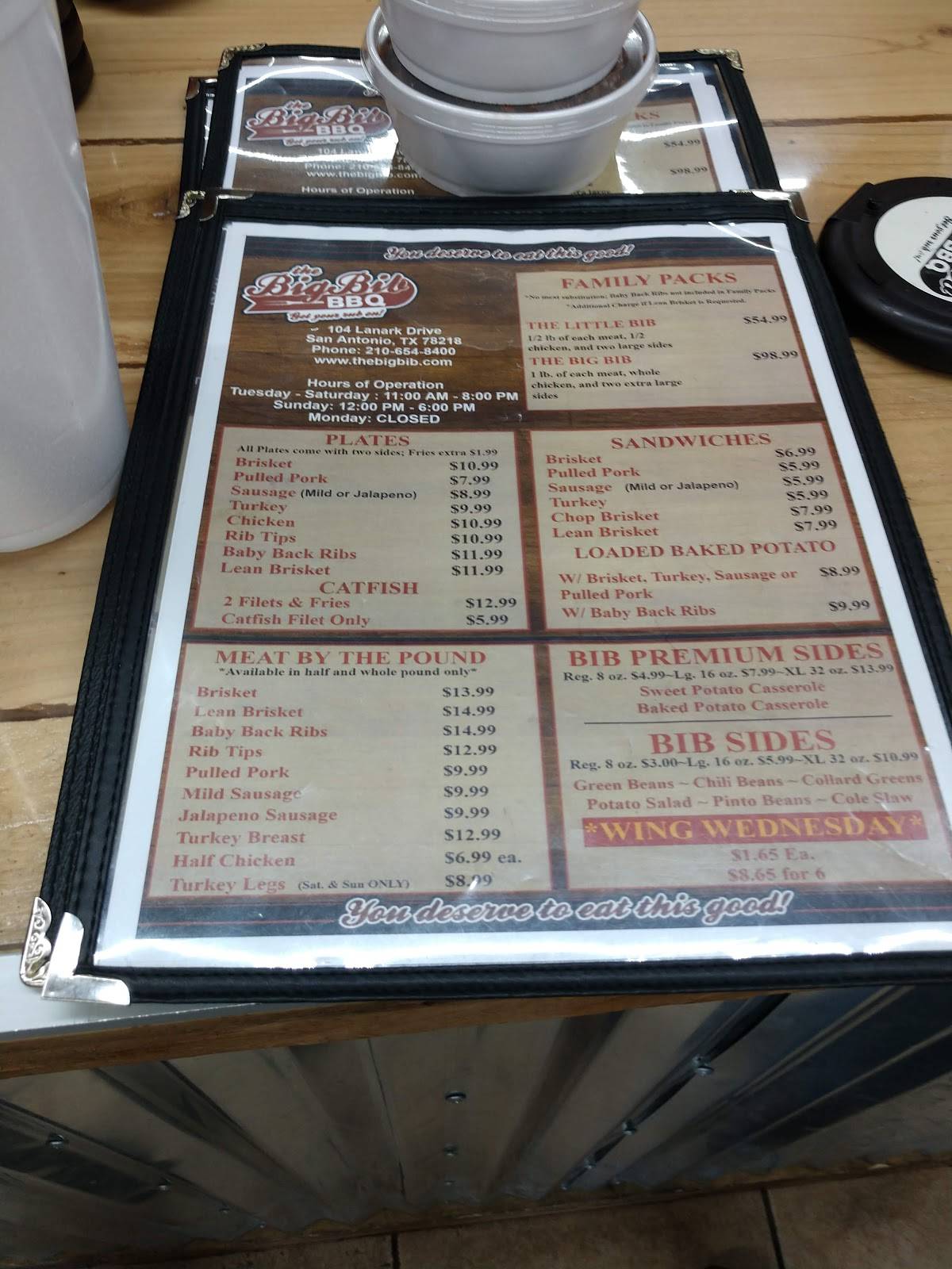 Menu at The Big Bib BBQ, San Antonio, 104 Lanark Dr