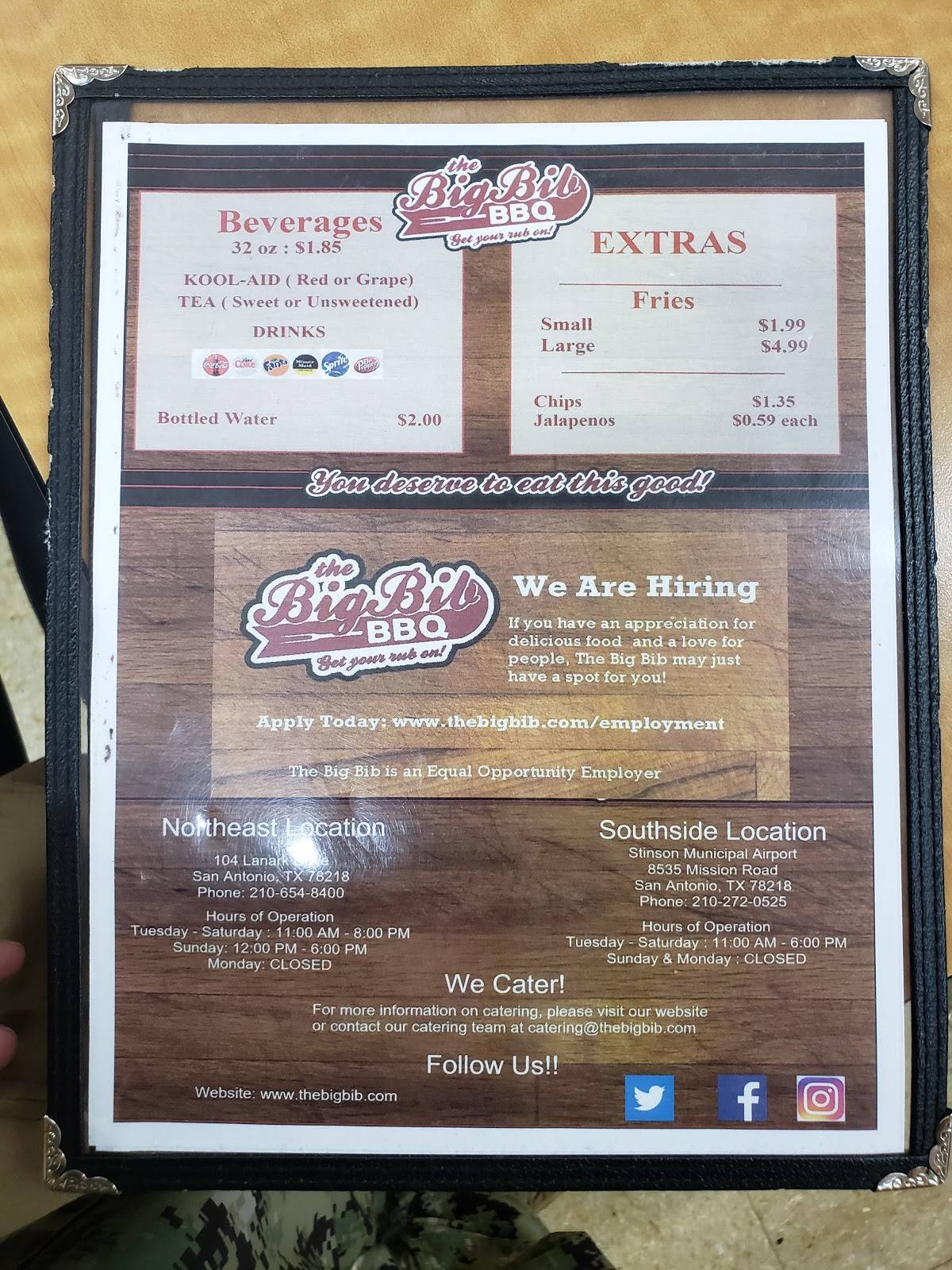 Menu at The Big Bib BBQ, San Antonio, 104 Lanark Dr