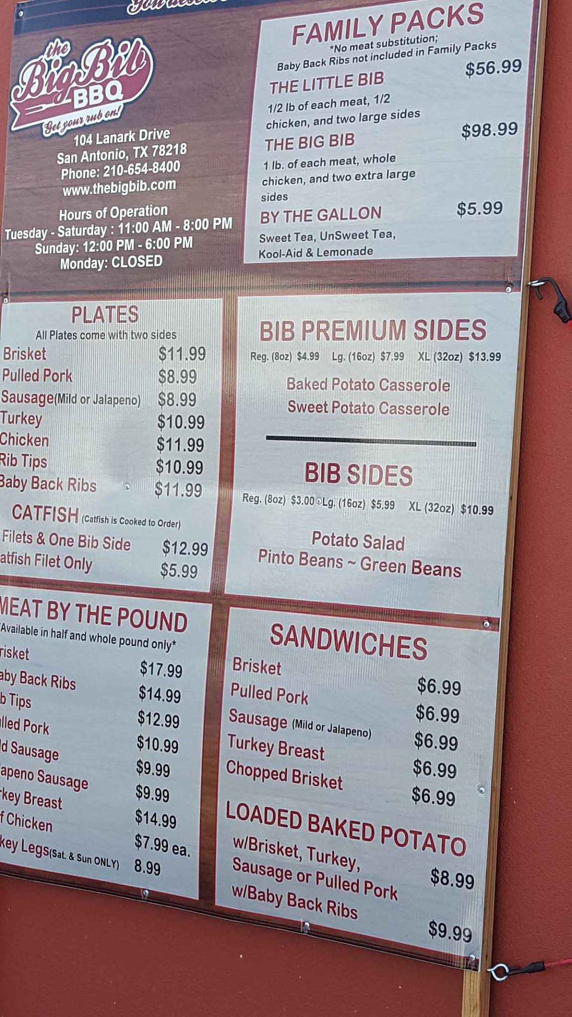 Menu at The Big Bib BBQ, San Antonio, 104 Lanark Dr