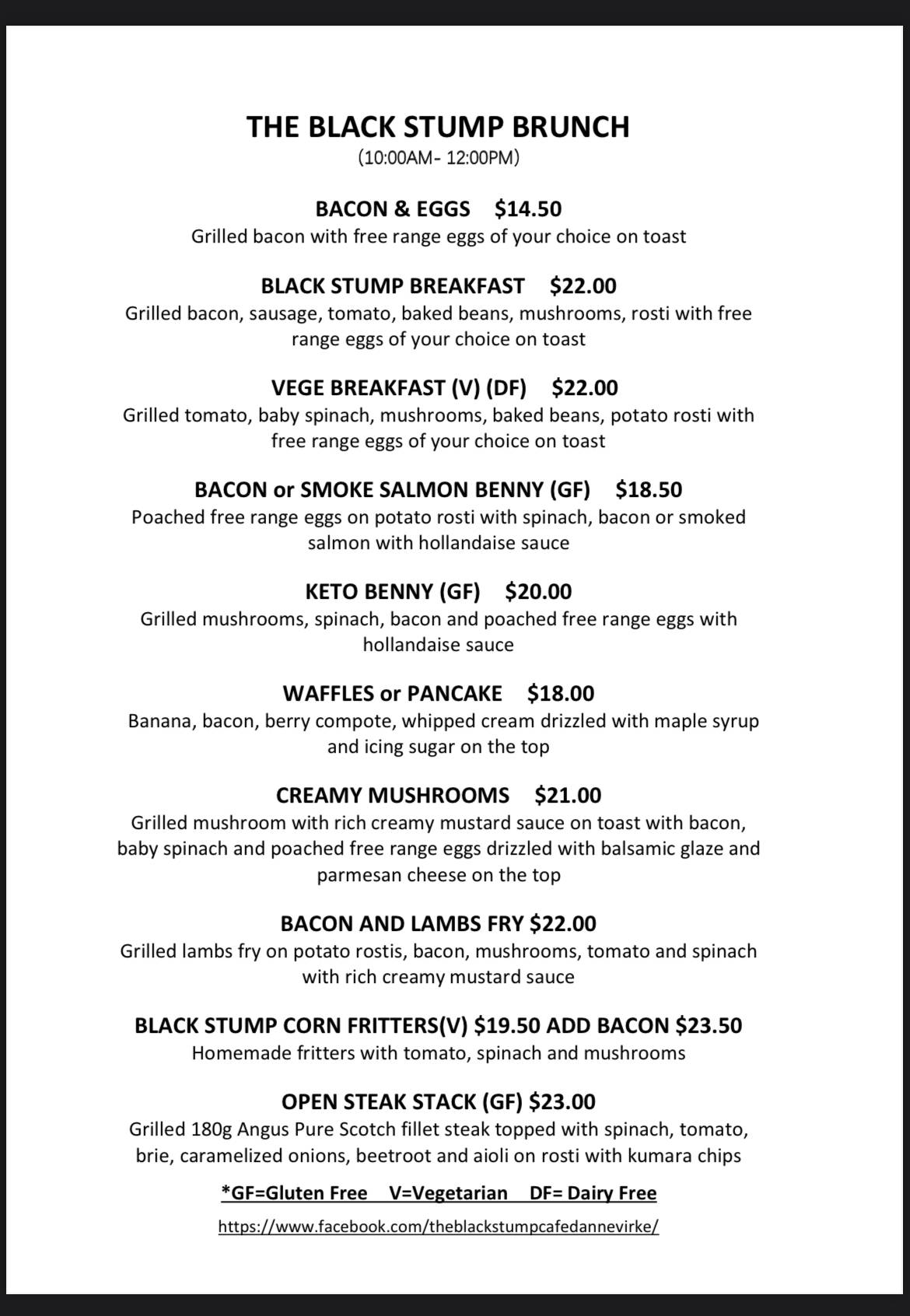 Menu at The Black Stump Cafe, Dannevirke