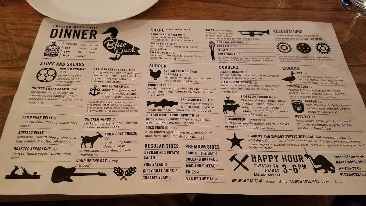 Menu at The Blue Duck restaurant, Maplewood