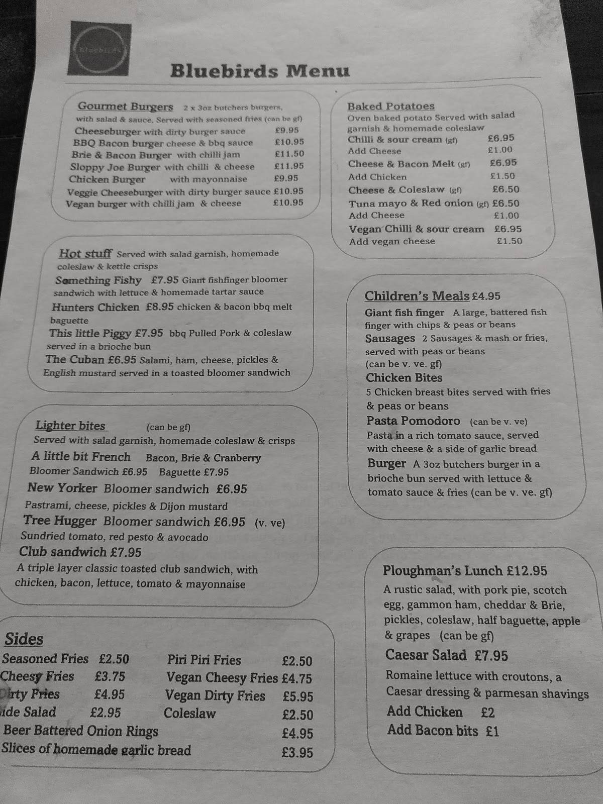 Menu at The Bluebird Tea Rooms restaurant, Clacton-on-Sea
